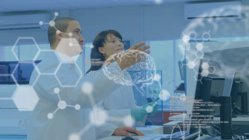 Animation of Molecules Structures, Brain, Computer Language, Diverse Scientists Discussing ...