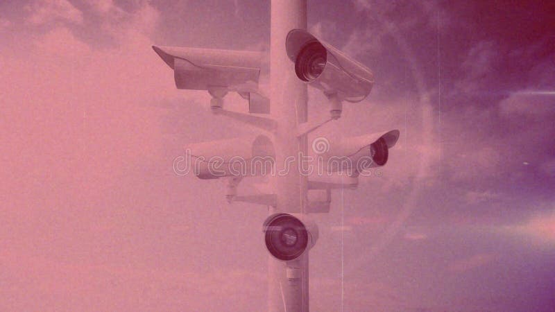 Animation of Moving Cctv Cameras Over Clouds on Blue Sky with Pink Tint ...