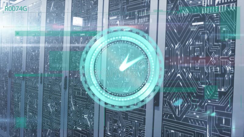 Animation of Moving Clock and Computer Circuit Board Over Server Room ...