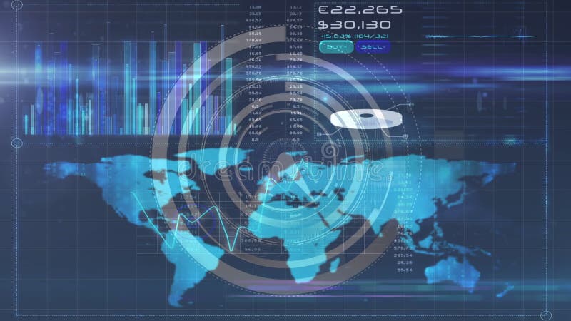 Animation of Moving Clock and Diverse Data Over World Map Stock Footage ...