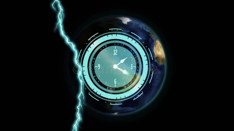 Animation of Moving Clock and Lightning Over Globe on Black Background ...