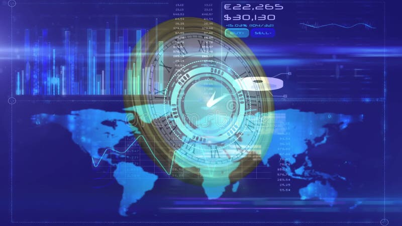 Animation of Moving Clock Over Data Processing and World Map Stock Footage - Video of global ...