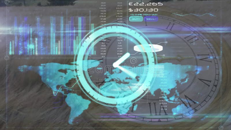 Animation of Moving Clock Over Data Processing and World Map Stock Footage - Video of connect ...
