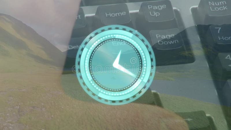 Animation of Moving Clock Over Hands Typing on Keyboard and Landscape ...