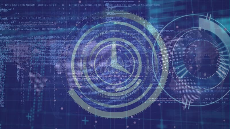 Animation of Moving Clock and Scope Scanning Over Data Processing on Blue Background Stock ...