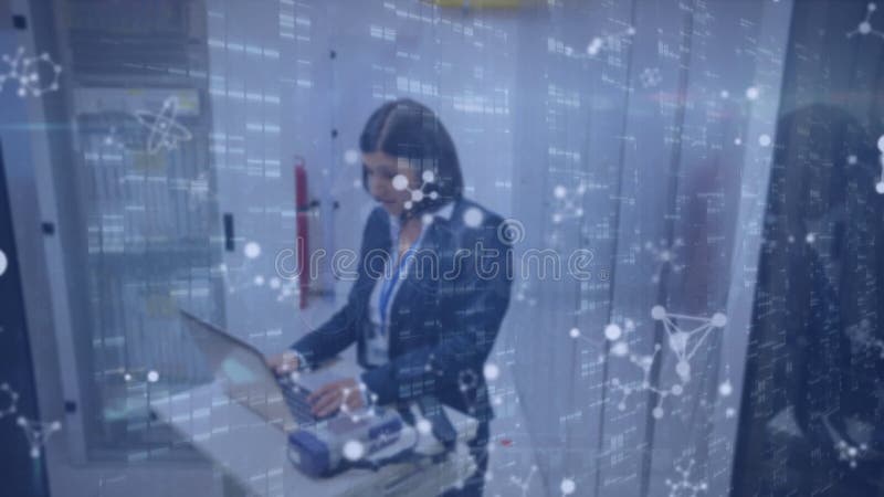 Animation of Moving Columns and Molecules Over Caucasian Woman in ...