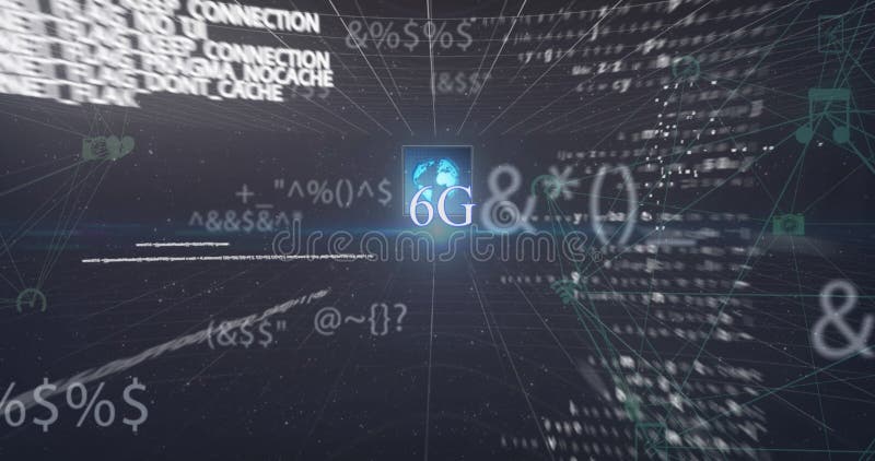 Animation of Moving Connected Icons, Computer Language, 6g Text, Globe and Symbols Stock Footage ...
