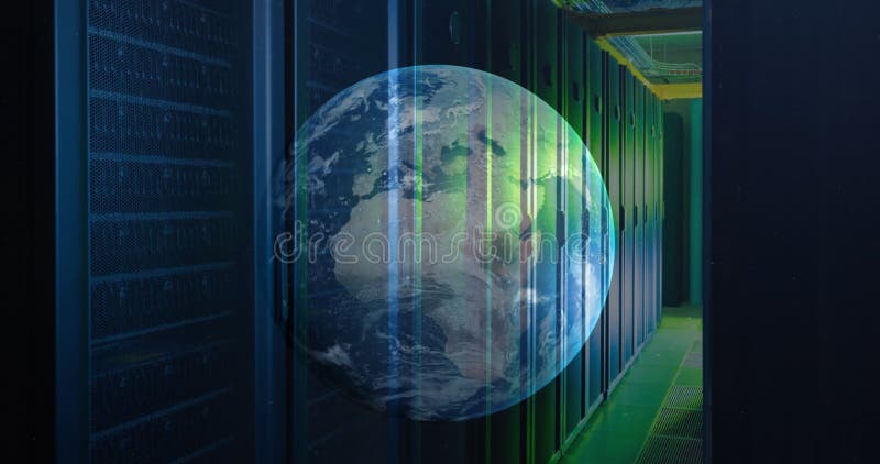 Animation of Moving Globe Against Server Room in Background Stock Video ...