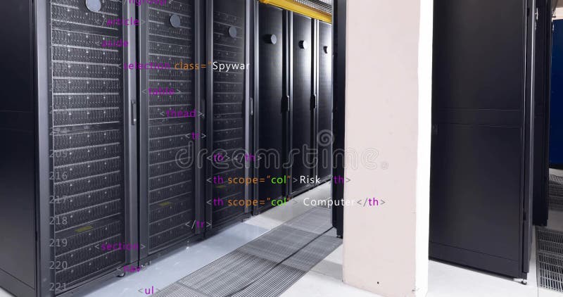 Animation of Multicolored Computer Language Over Data Server Racks in Server Room Stock Footage ...