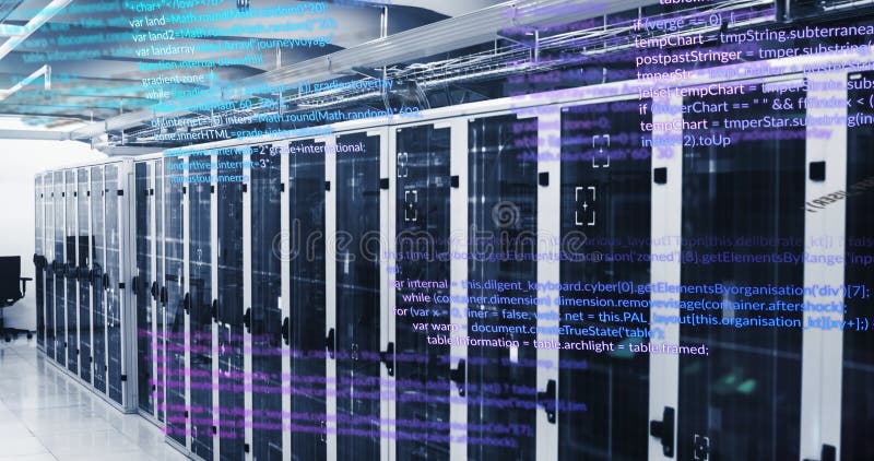 Animation of Multicolored Computer Language Over Data Server Racks in Server Room Stock Footage ...