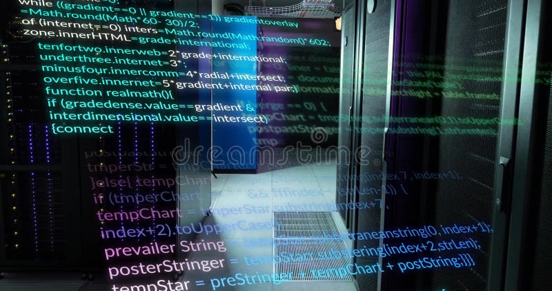 Animation Of Multicolored Computer Language Over Data Server Room Stock