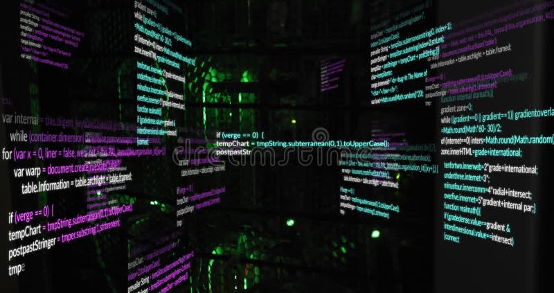 Animation Of Multicolored Computer Language Over Illuminated Server
