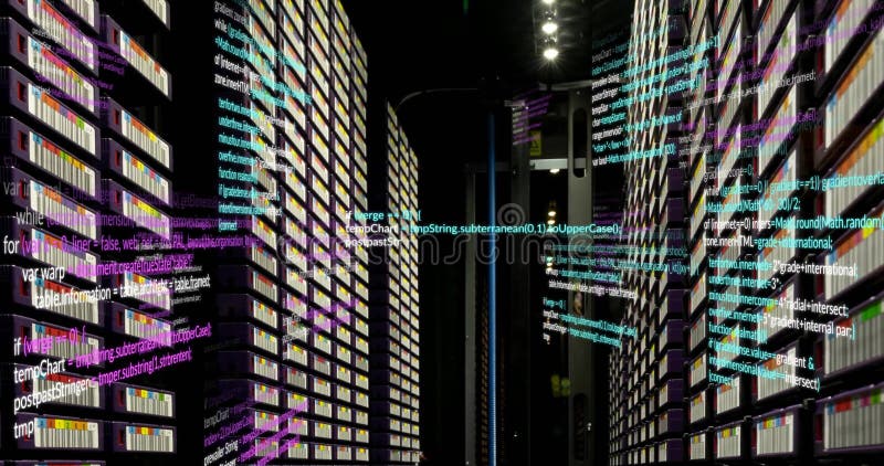 Animation Of Multicolored Computer Language Over Large Data Server Room