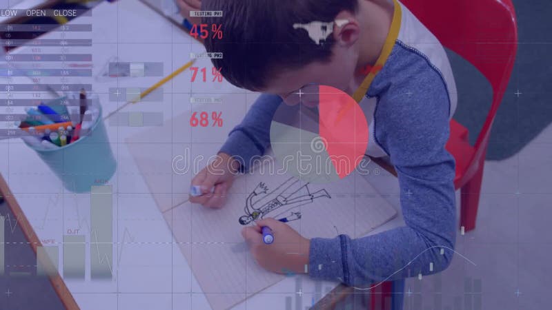 Animation of Multicolored Infographic Interface, Biracial Boy Drawing ...