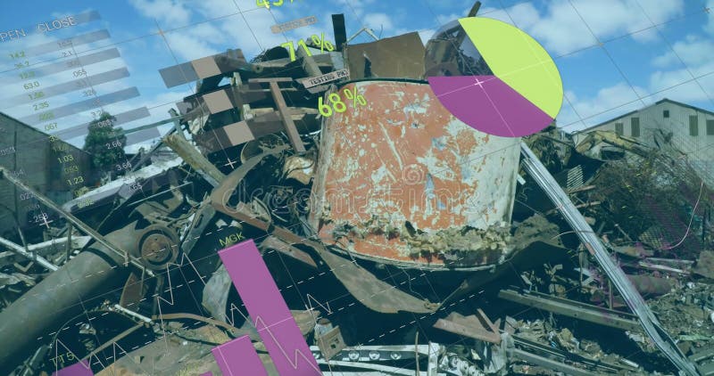 Animation of Multicolored Infographic Interface Over Piled Up Metal ...