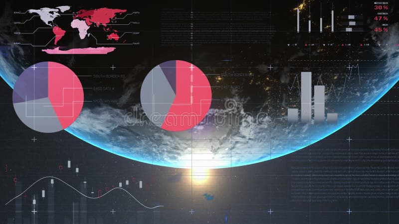 Animation Of Multicolored Pie Chart Data Timer And Map Over Lens Flare And Rotating Globe