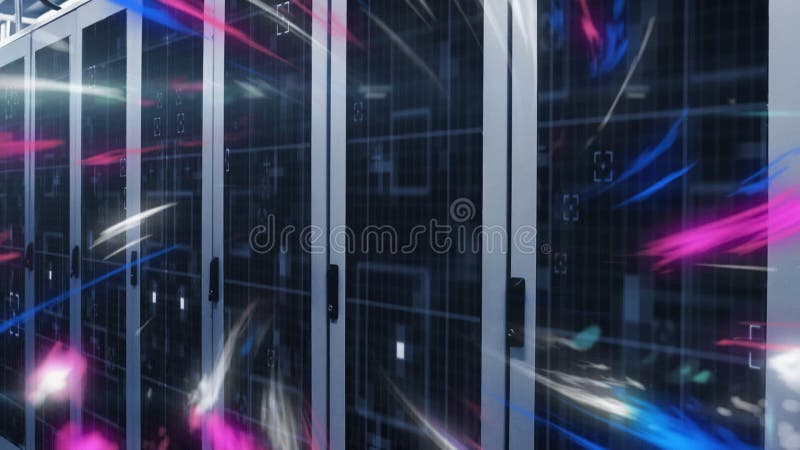 Animation of Multicolored Waves Over Data Server Racks in Server Room ...