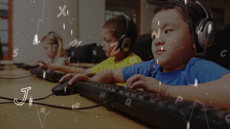 Animation of Multiple Alphabets Floating Over Asian Boy Using Computer at School Stock Video ...