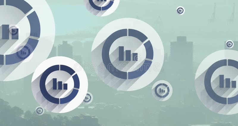 Animation of Multiple Bar Graph Icons Floating Against Aerial View of Cityscape Stock Video ...