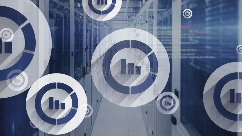 Animation of Multiple Bar Graph Icons Floating and Data Processing Against Computer Server Room ...