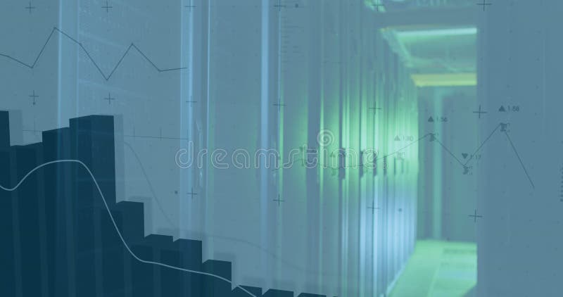 Animation of Multiple Business Charts Moving Over Data Server Room ...
