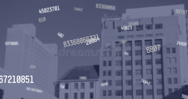 Animation of Multiple Changing Numbers Against Aerial View of Tall ...