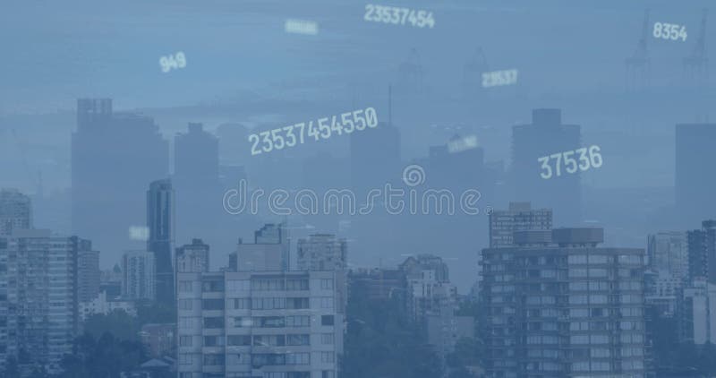 Animation of Multiple Changing Numbers Falling Against Aerial View of ...