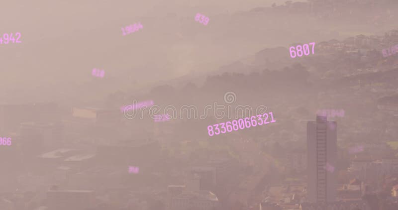 Animation of Multiple Changing Numbers Floating Against Aerial View of ...