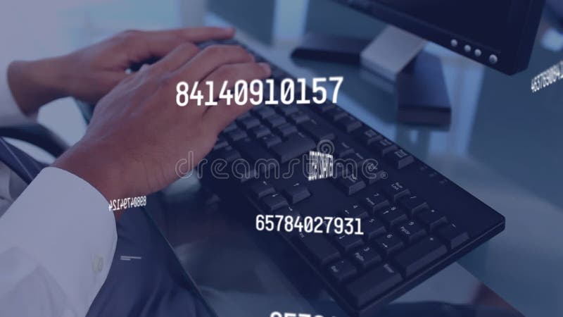 Animation of Multiple Changing Numbers Over Mid Section of a Man Typing ...