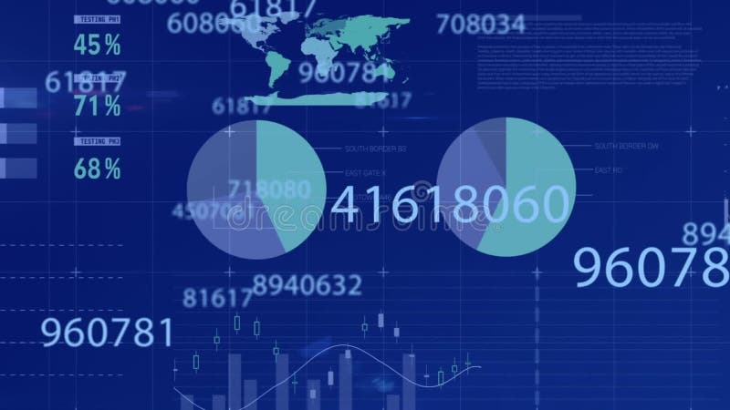 Animation of Multiple Changing Numbers Over Statistical Data Processing Against Blue Background ...
