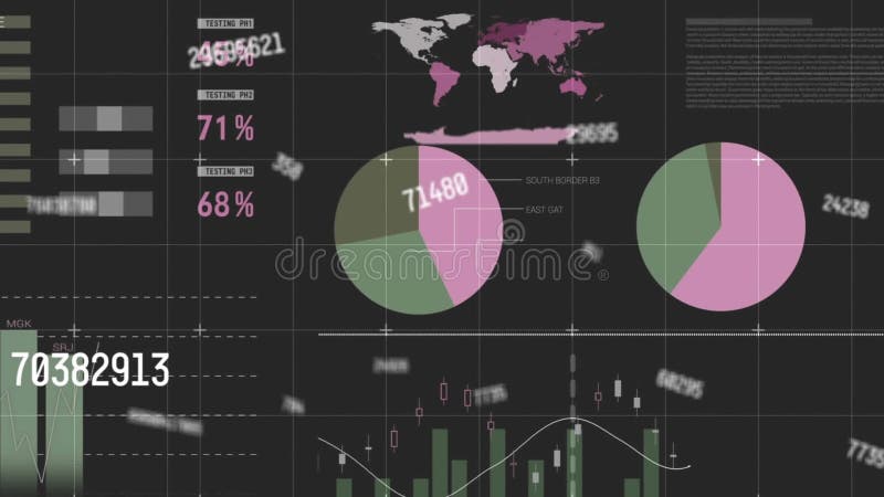 Animation of Multiple Changing Numbers Over Statistical Data Processing Against Grey Background ...