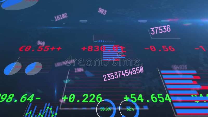 Animation of Multiple Changing Numbers and Statistical Data Processing Against Blue Background ...