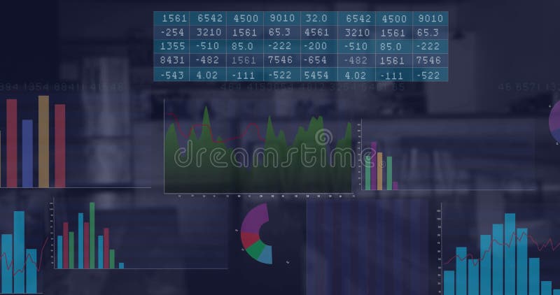 Animation of Multiple Charts and Graphs Over Defocused Cafes Interior ...