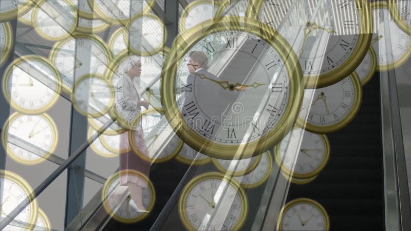Animation of Multiple Clock Faces Overlaying Person on Escalator in ...