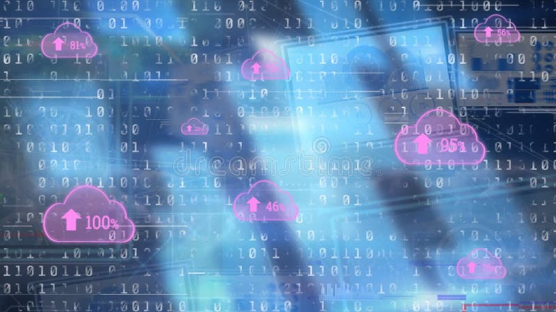 Animation of Multiple Cloud Icons with Increasing Percentage and Binary Coding on Blue ...