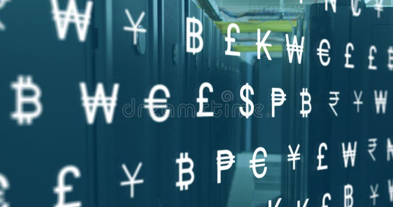 Animation of Multiple Currency Symbols Over Data Server Racks in Server ...