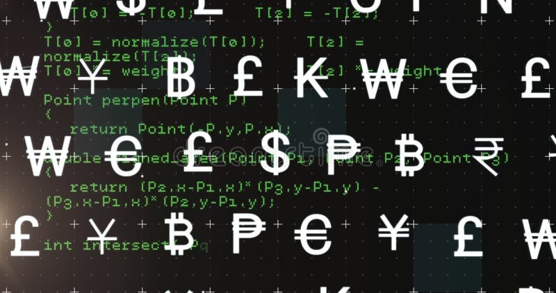 Animation of Multiple Currency Symbols and Programming Language Moving on Black Background Stock ...