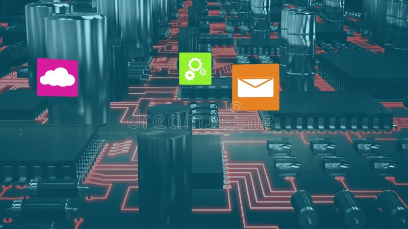 Animation of Multiple Digital Icons Against Close Up of a Circuit Board ... Animation of Multiple Digital Icons Against Close Up of a Circuit Board ...