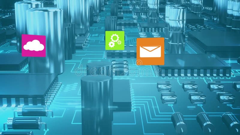 Animation of Multiple Digital Icons Against Close Up of a Circuit Board ... Animation of Multiple Digital Icons Against Close Up of a Circuit Board ...