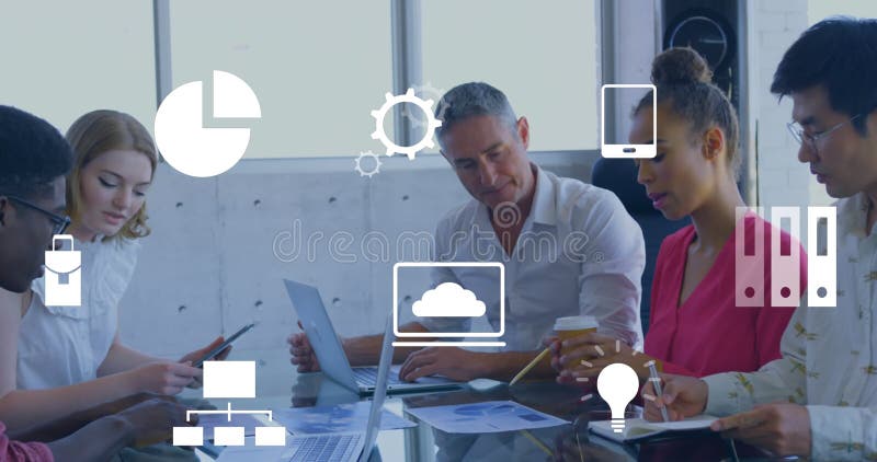 Animation of Multiple Digital Icons Against Diverse Team of Collegues ...