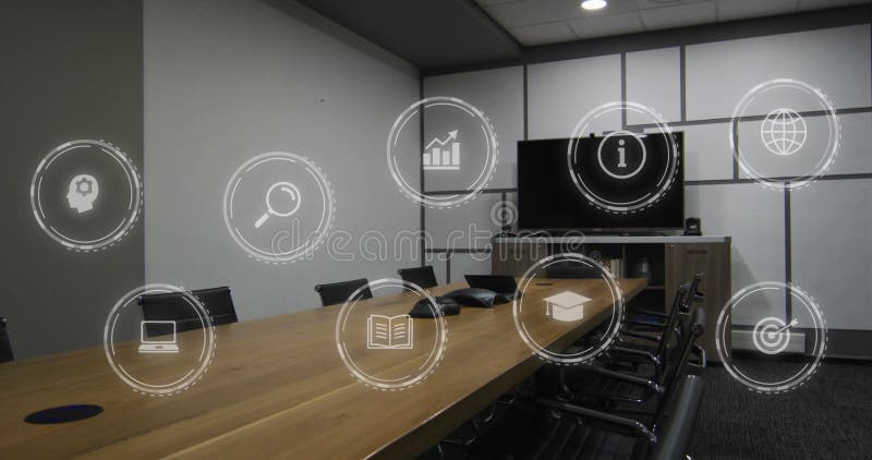 Animation of Multiple Digital Icons Against Empty Meeting Room at ... Animation of Multiple Digital Icons Against Empty Meeting Room at ...