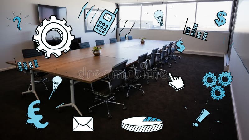 Animation of Multiple Digital Icons Against Empty Meeting Room at ...