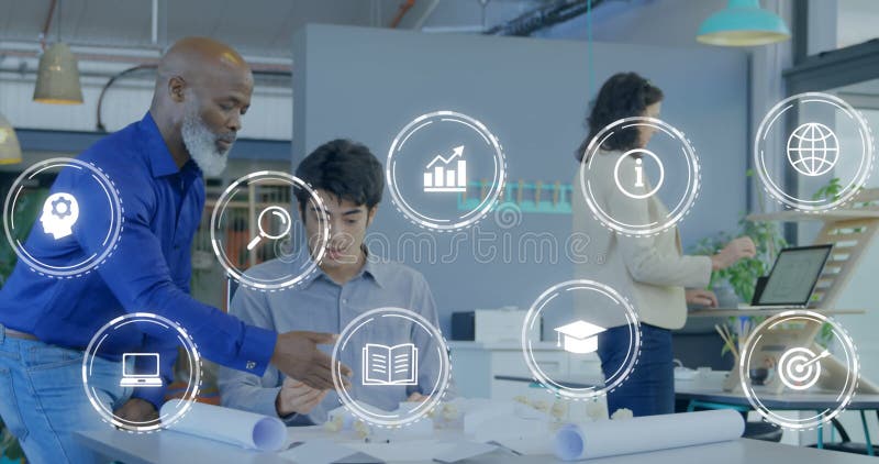 Animation of Multiple Digital Icons Against Two Diverse Men Discussing ...