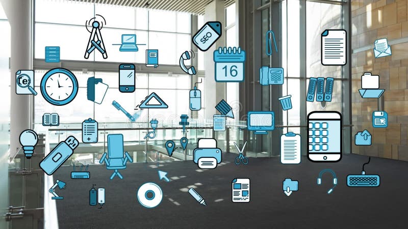 Animation of Multiple Digital Icons Against View of Empty Office Stock ... Animation of Multiple Digital Icons Against View of Empty Office Stock ...