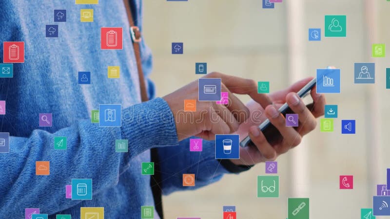 Animation of Multiple Digital Icons Floating Against Mid Section of Man ... Animation of Multiple Digital Icons Floating Against Mid Section of Man ...