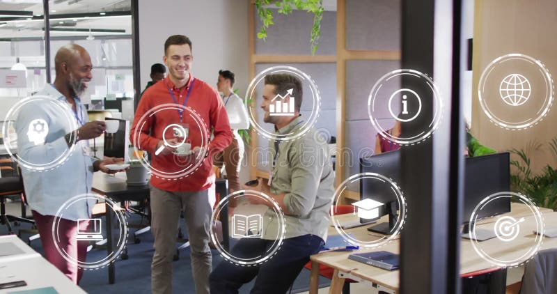 Animation of Multiple Digital Icons Floating Over Three Diverse Men ...