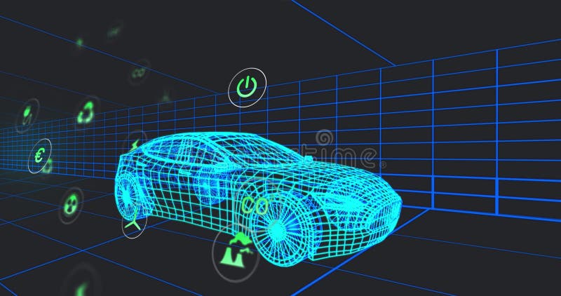 Animation of Multiple Digital Icons Over 3d Car Model Moving in ...