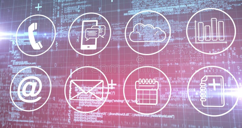 Animation of Multiple Digital Icons Over Data Processing and Grid Stock ...