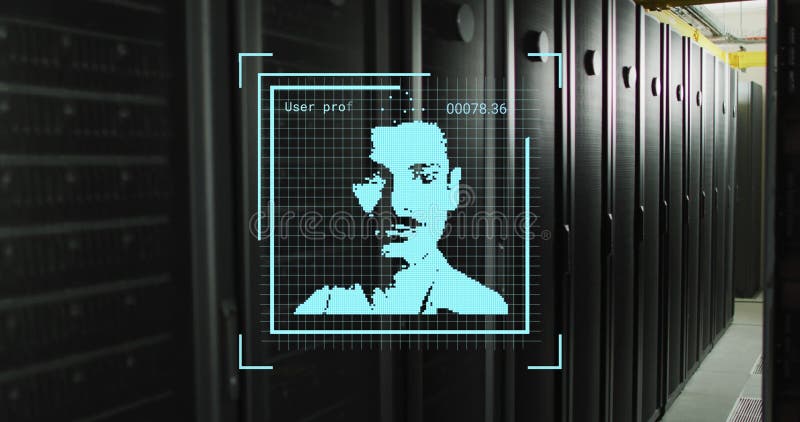 Animation of Multiple Digital Images Against Server Room in Background ...