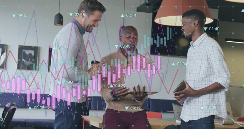 Animation of Multiple Graphs with Changing Numbers, Diverse Coworkers Discussing in Office Stock ...